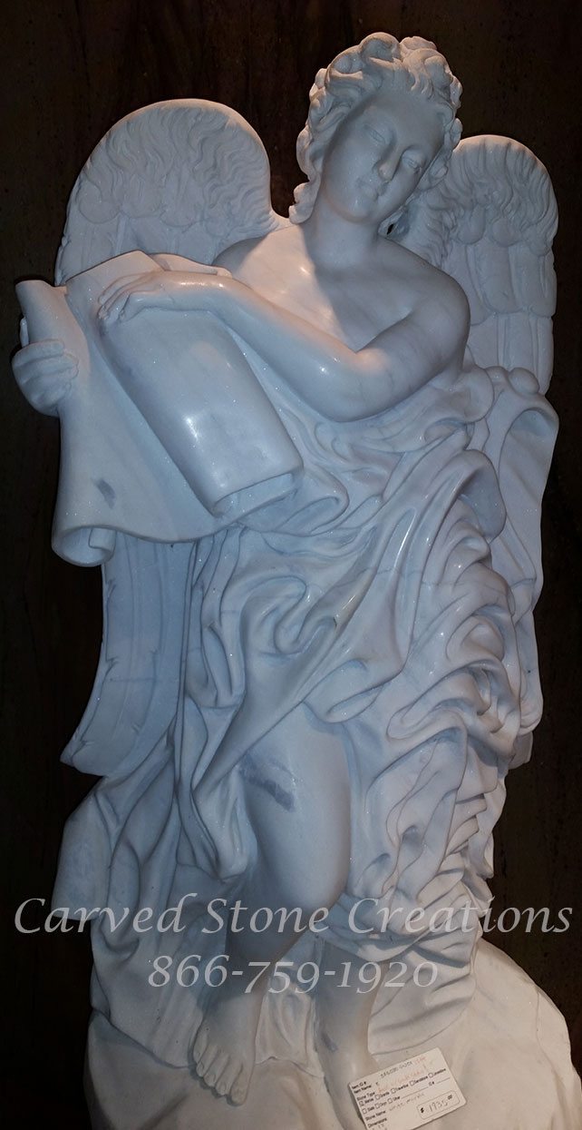 Angel with Scrolls, Bianco Puro Marble - Carved Stone Creations