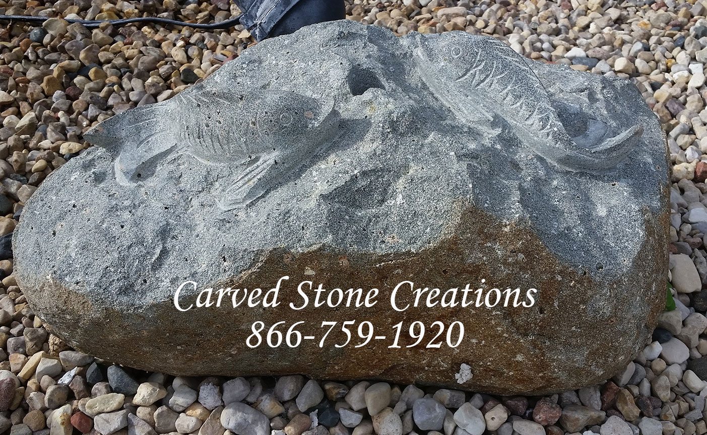 Double Fish Bubbling Rock Fountain - Carved Stone Creations
