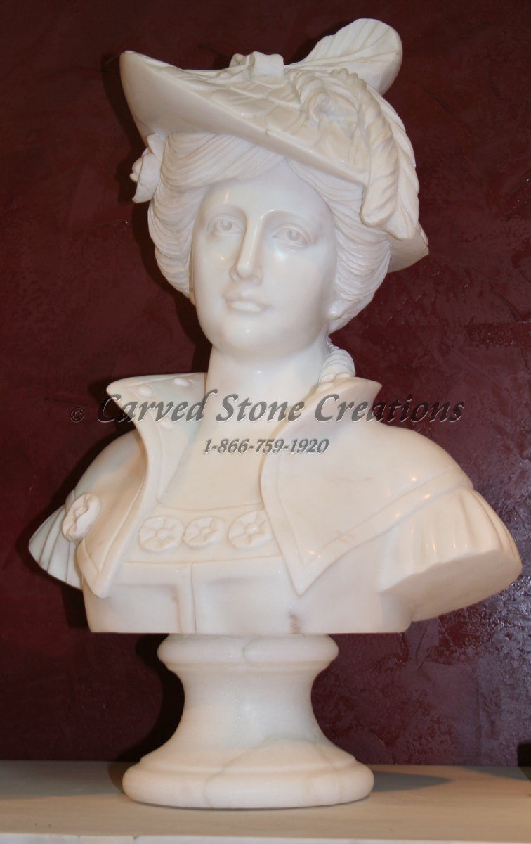 Victorian Woman Bust W/ White Hat - Carved Stone Creations